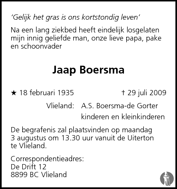 Jaap Boersma 29-07-2009 overlijdensbericht en condoleances - Mensenlinq.nl