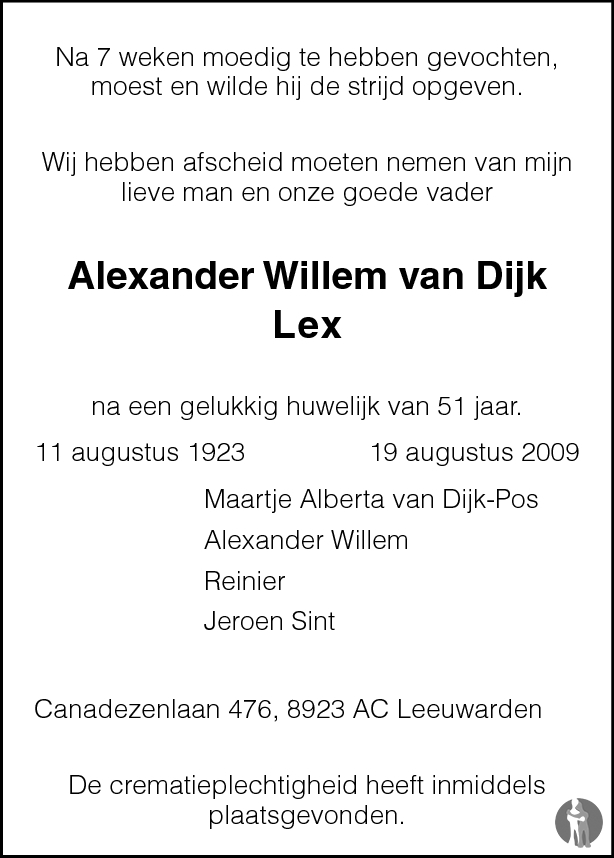 Alexander Willem (Lex) van Dijk 19-08-2009 overlijdensbericht en ...