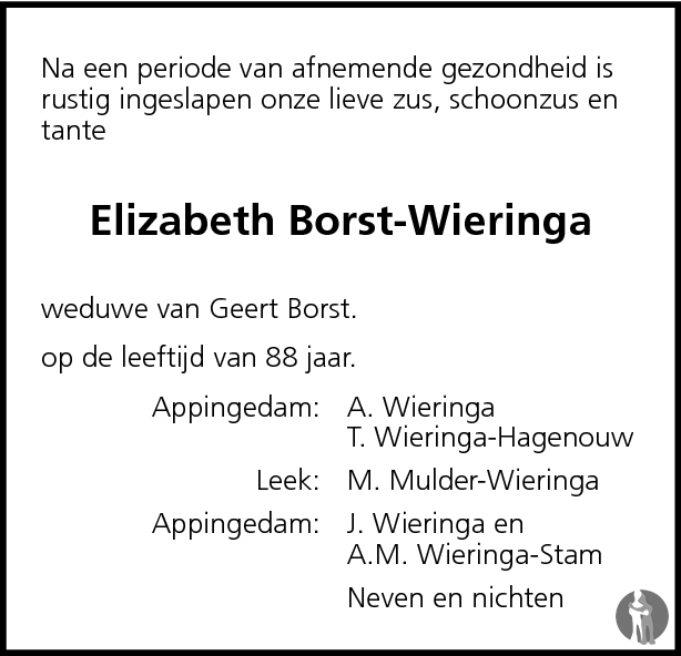 Elizabeth Borst - Wieringa 28-08-2009 overlijdensbericht en ...