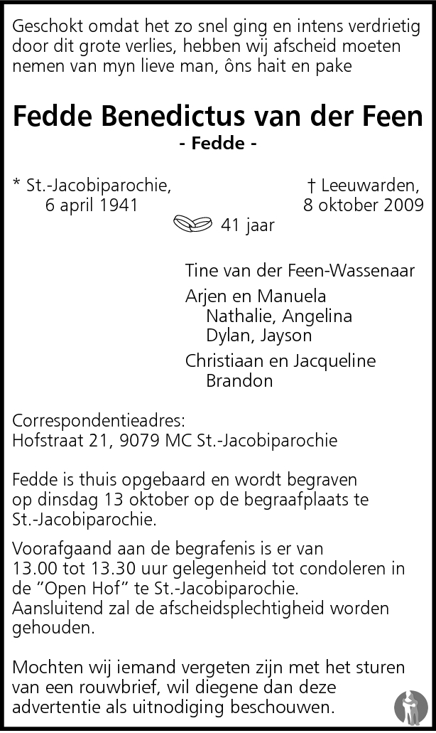 Fedde Benedictus van der Feen 08-10-2009 overlijdensbericht en ...