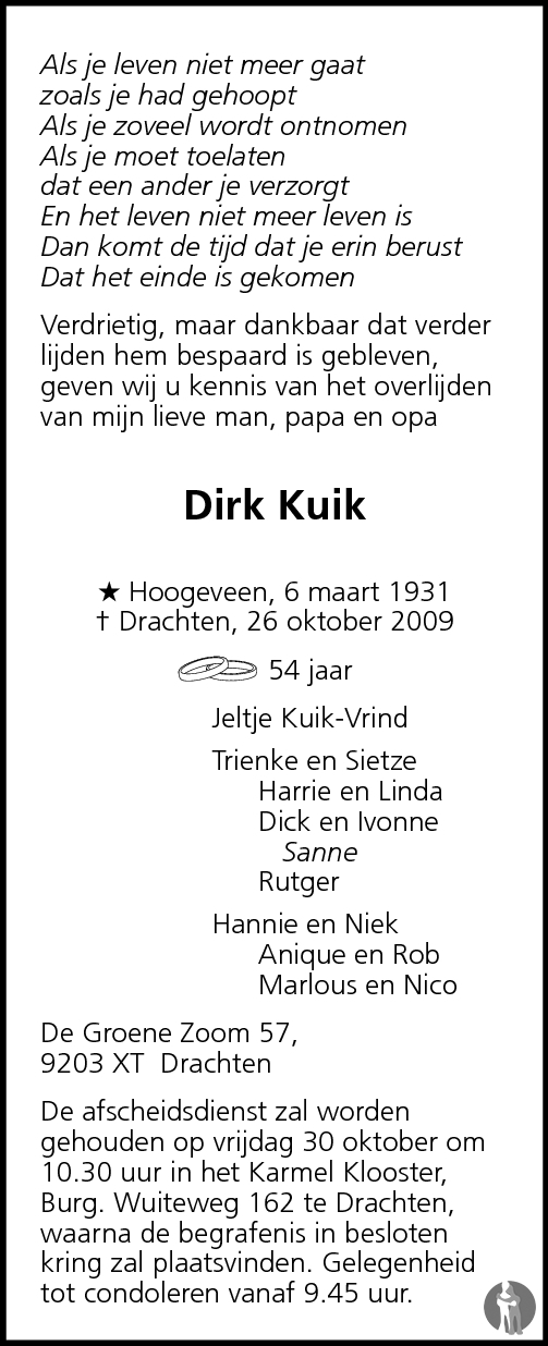 Dirk Kuik 26-10-2009 overlijdensbericht en condoleances - Mensenlinq.nl