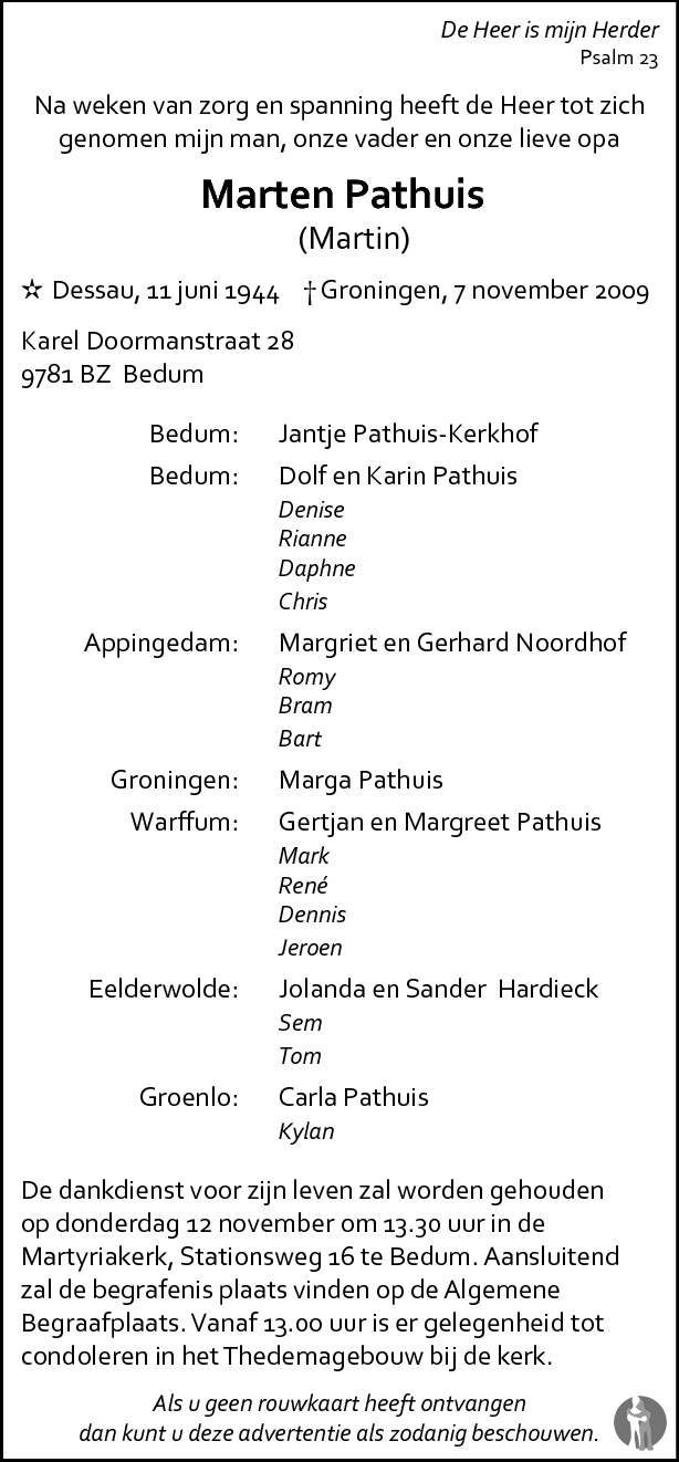 Marten (Martin) Pathuis 07-11-2009 overlijdensbericht en condoleances ...