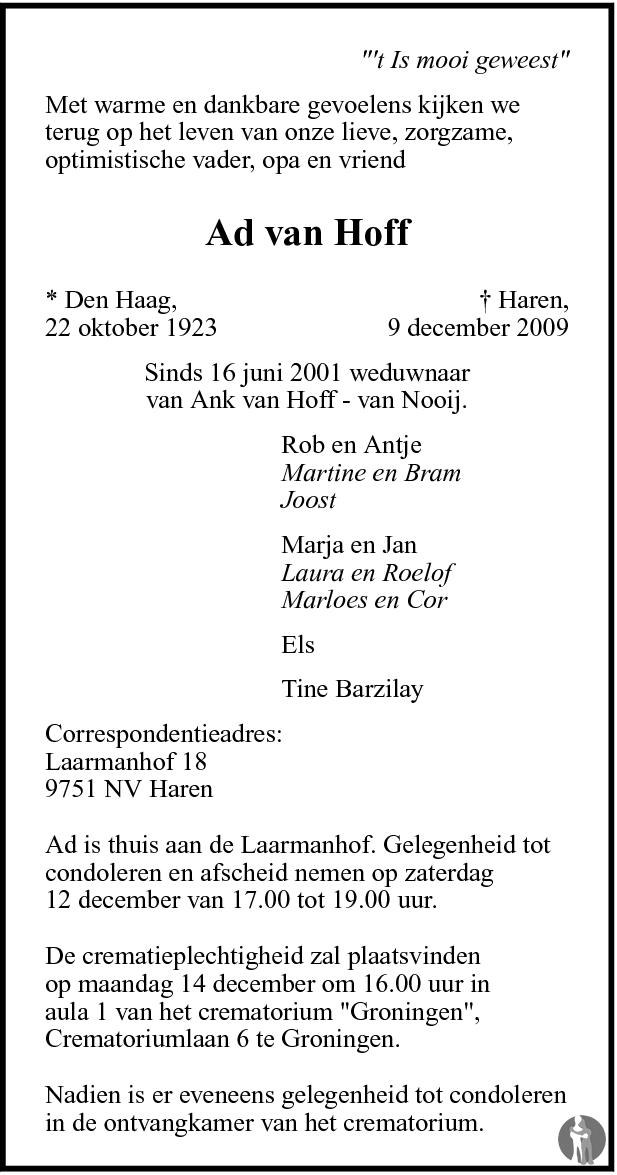 Ad van Hoff 09-12-2009 overlijdensbericht en condoleances - Mensenlinq.nl