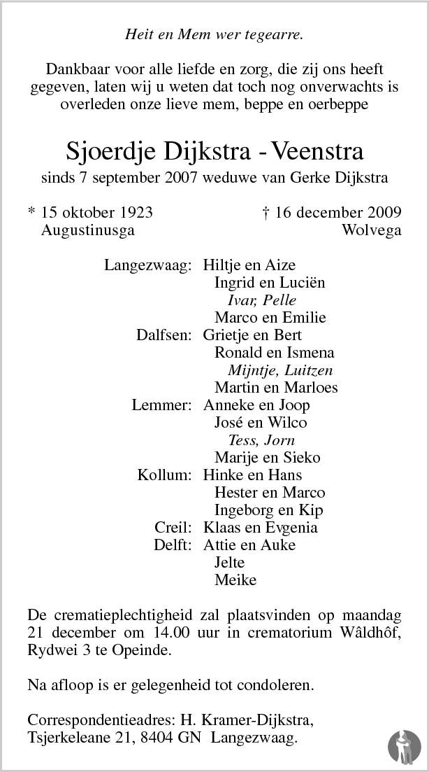 Sjoerdje Dijkstra - Veenstra 16-12-2009 overlijdensbericht en ...