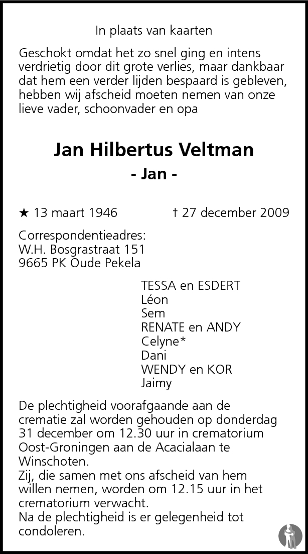 Jan Hilbertus (Jan) Veltman 27-12-2009 overlijdensbericht en ...
