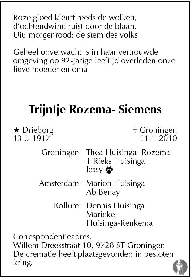 Trijntje Rozema - Siemens 11-01-2010 overlijdensbericht en condoleances ...