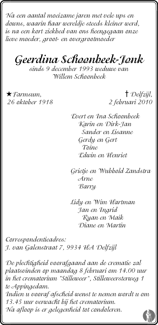 Geerdina Schoonbeek - Jonk 02-02-2010 overlijdensbericht en condoleances - Mensenlinq.nl
