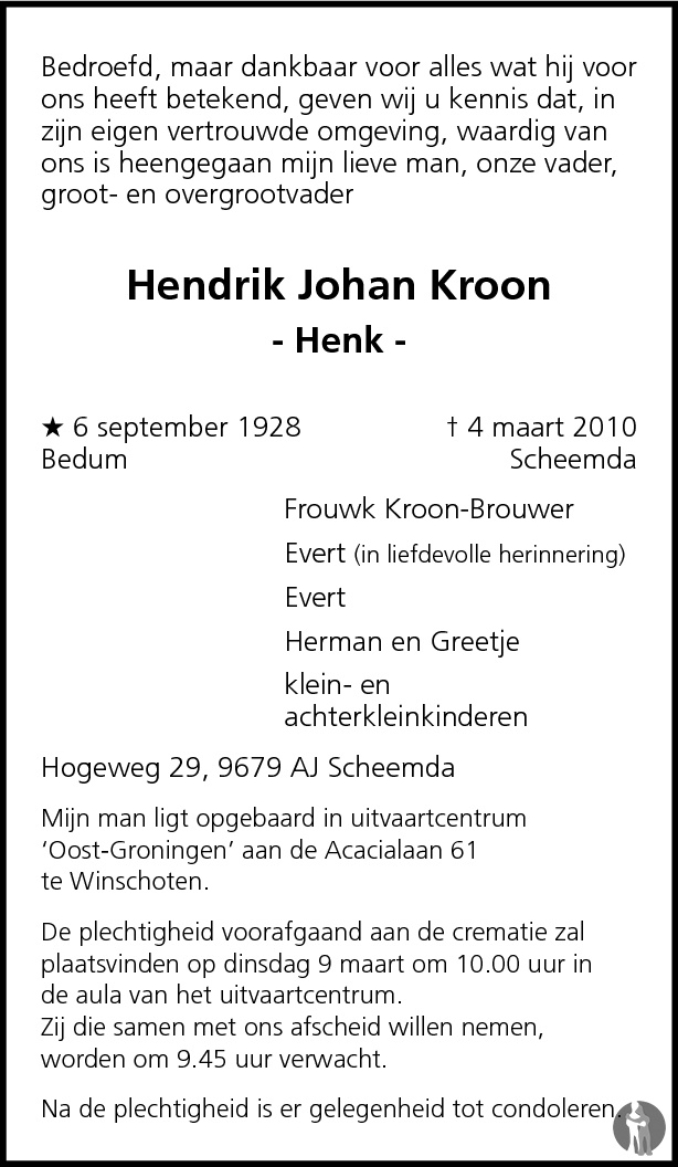 Hendrik Johan (Henk) Kroon 04-03-2010 overlijdensbericht en ...