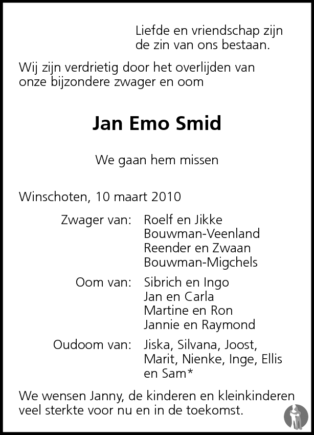 Jan Emo Smid 10-03-2010 overlijdensbericht en condoleances - Mensenlinq.nl