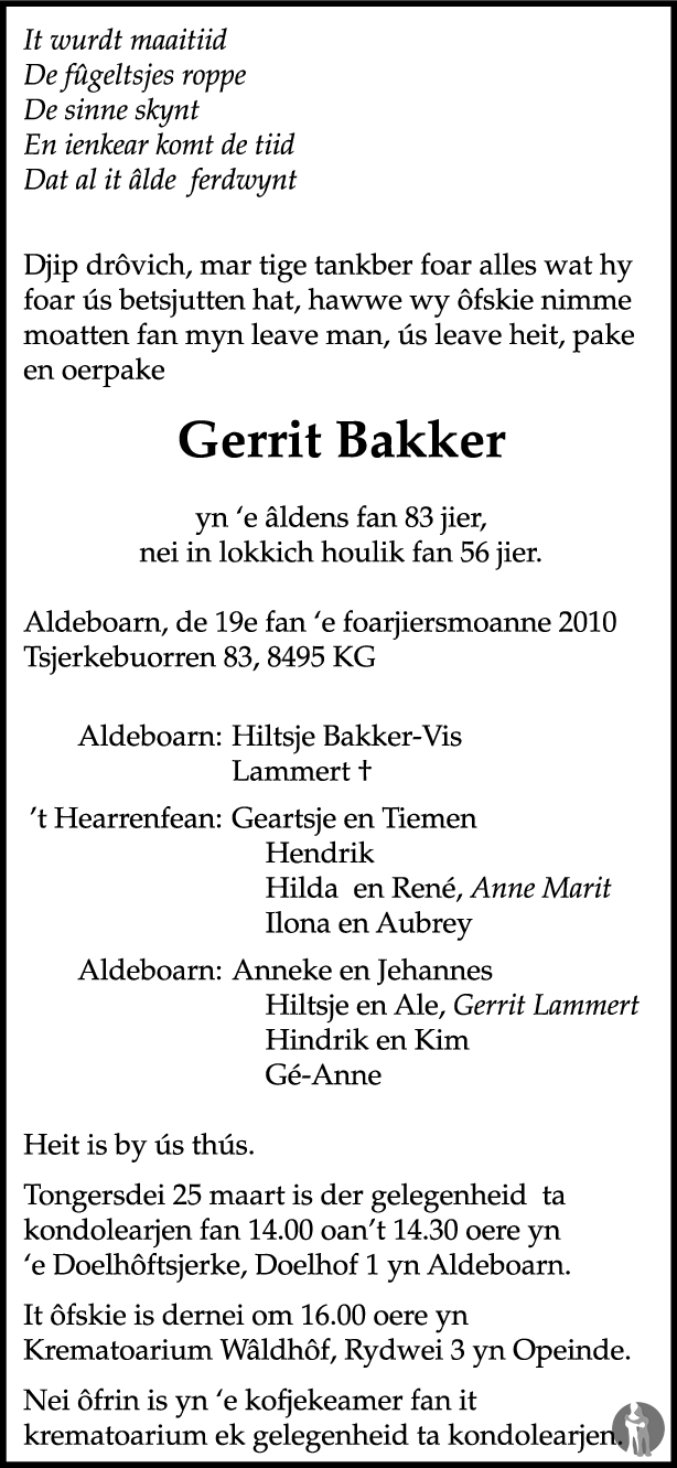 Gerrit Bakker 19-03-2010 overlijdensbericht en condoleances - Mensenlinq.nl