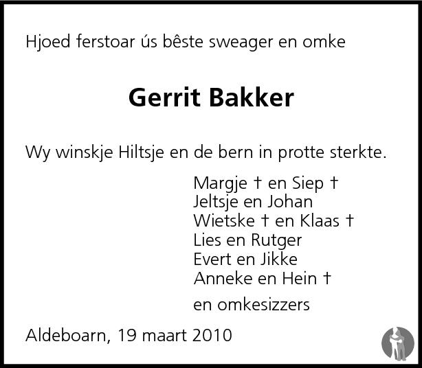 Gerrit Bakker 19-03-2010 overlijdensbericht en condoleances - Mensenlinq.nl