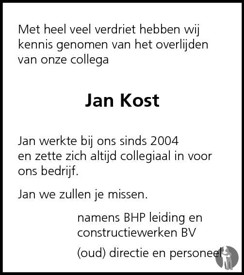 Jan Kost 12-04-2010 overlijdensbericht en condoleances - Mensenlinq.nl