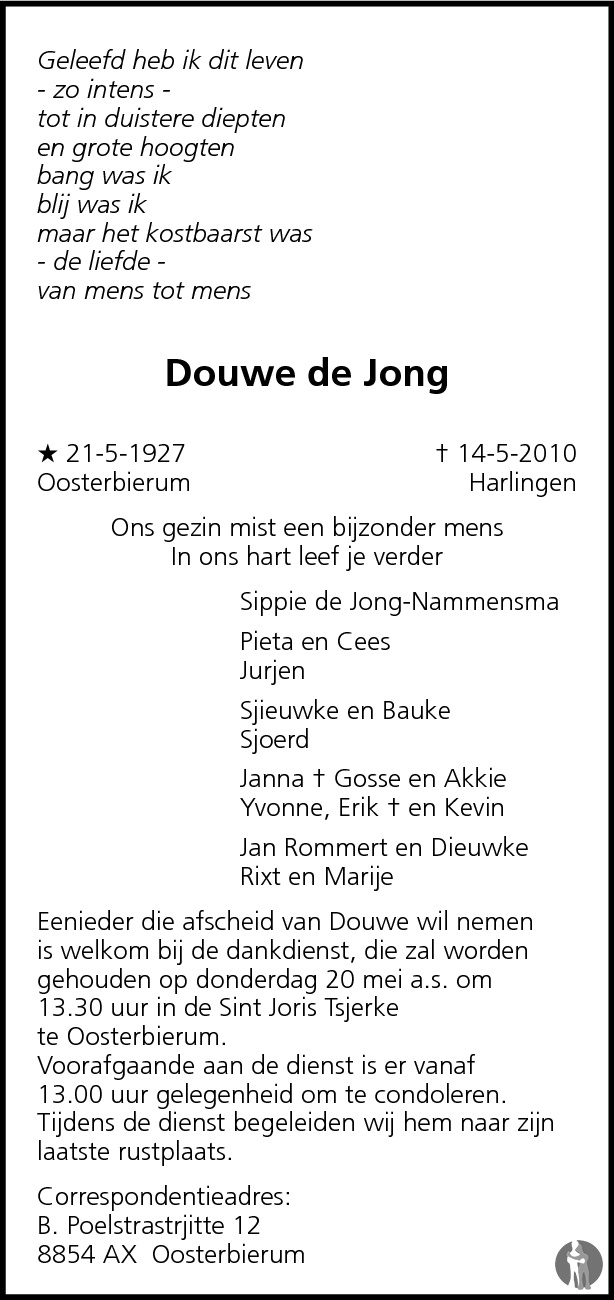 Douwe de Jong 14-05-2010 overlijdensbericht en condoleances - Mensenlinq.nl