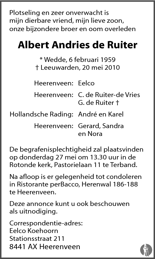 Albert Andries de Ruiter 20-05-2010 overlijdensbericht en condoleances ...
