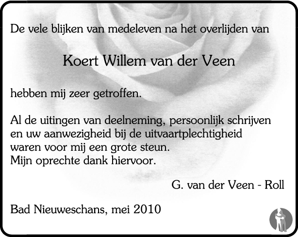 Koert Willem (Wim) van der Veen 05-04-2010 overlijdensbericht en ...