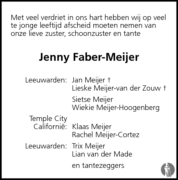 Jenny Faber - Meijer 31-05-2010 overlijdensbericht en condoleances ...
