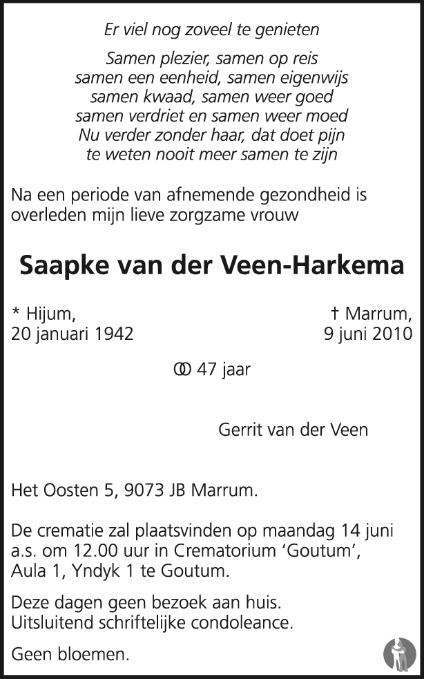 Saapke van der Veen - Harkema 09-06-2010 overlijdensbericht en condoleances - Mensenlinq.nl