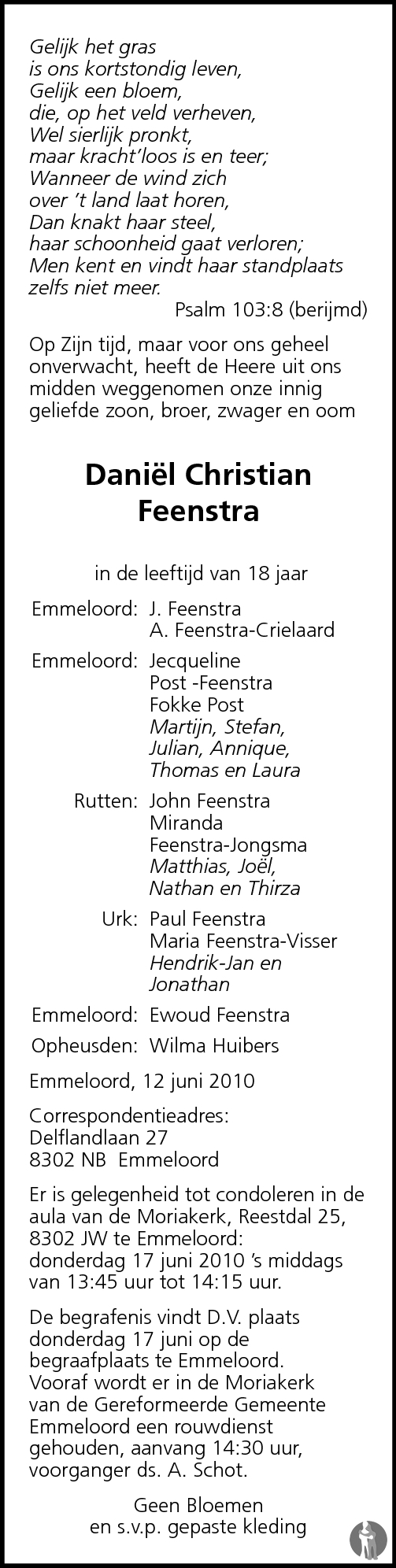 Daniël Christian Feenstra 12-06-2010 overlijdensbericht en condoleances ...