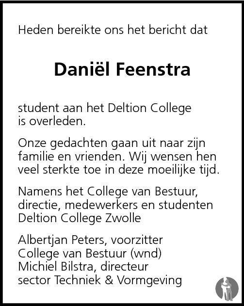 Daniël Christian Feenstra 12-06-2010 overlijdensbericht en condoleances ...