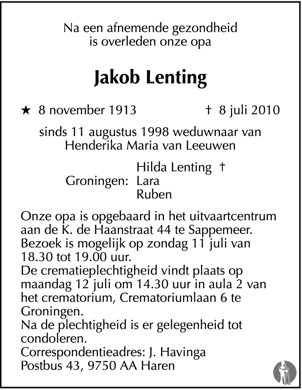 Jakob Lenting 08-07-2010 overlijdensbericht en condoleances - Mensenlinq.nl