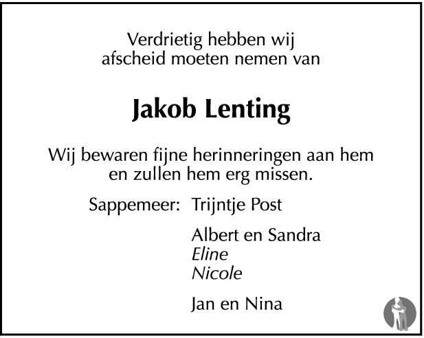 Jakob Lenting 08-07-2010 overlijdensbericht en condoleances - Mensenlinq.nl