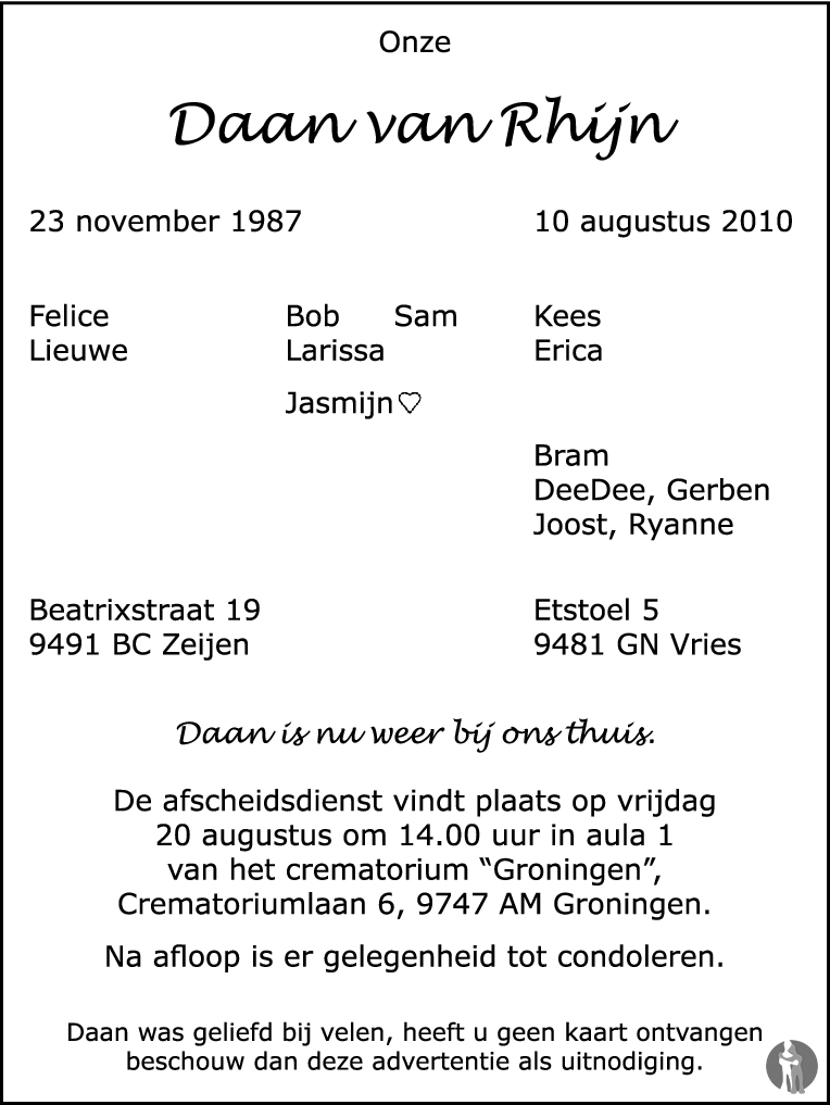 Daan van Rhijn 10-08-2010 overlijdensbericht en condoleances ...