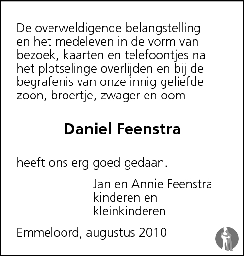 Daniël Christian Feenstra 12-06-2010 overlijdensbericht en condoleances ...