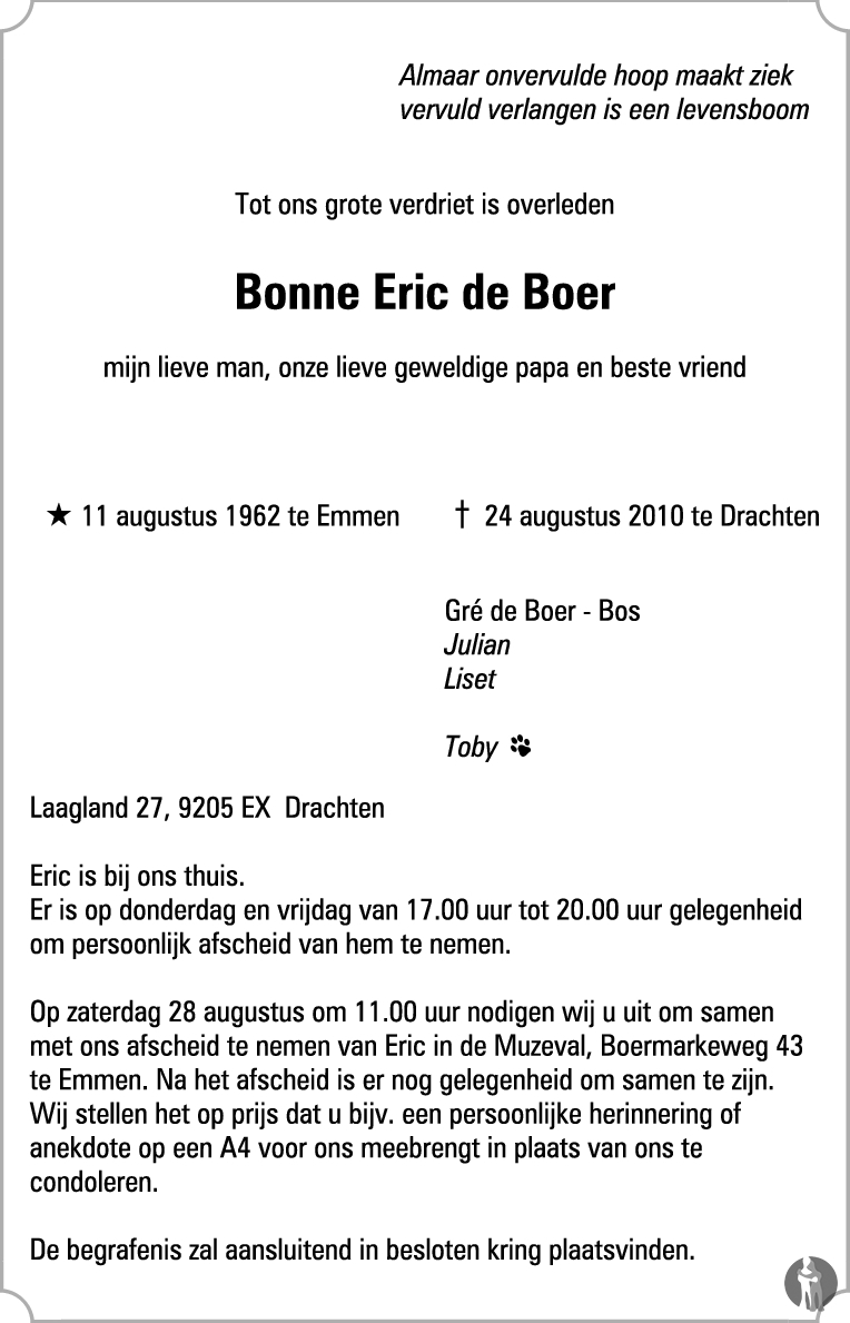 Bonne Eric de Boer 24-08-2010 overlijdensbericht en condoleances ...