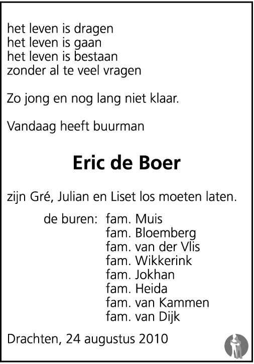 Bonne Eric de Boer 24-08-2010 overlijdensbericht en condoleances ...