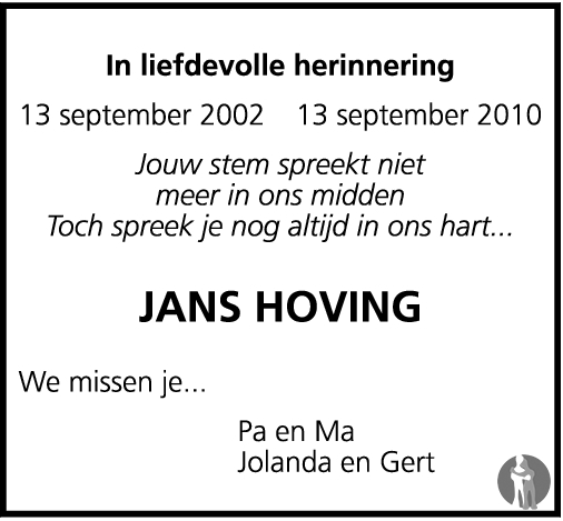 Jans Hoving 13-09-2010 overlijdensbericht en condoleances - Mensenlinq.nl