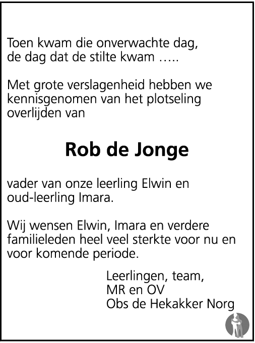 Rob de Jonge 19-09-2010 overlijdensbericht en condoleances - Mensenlinq.nl