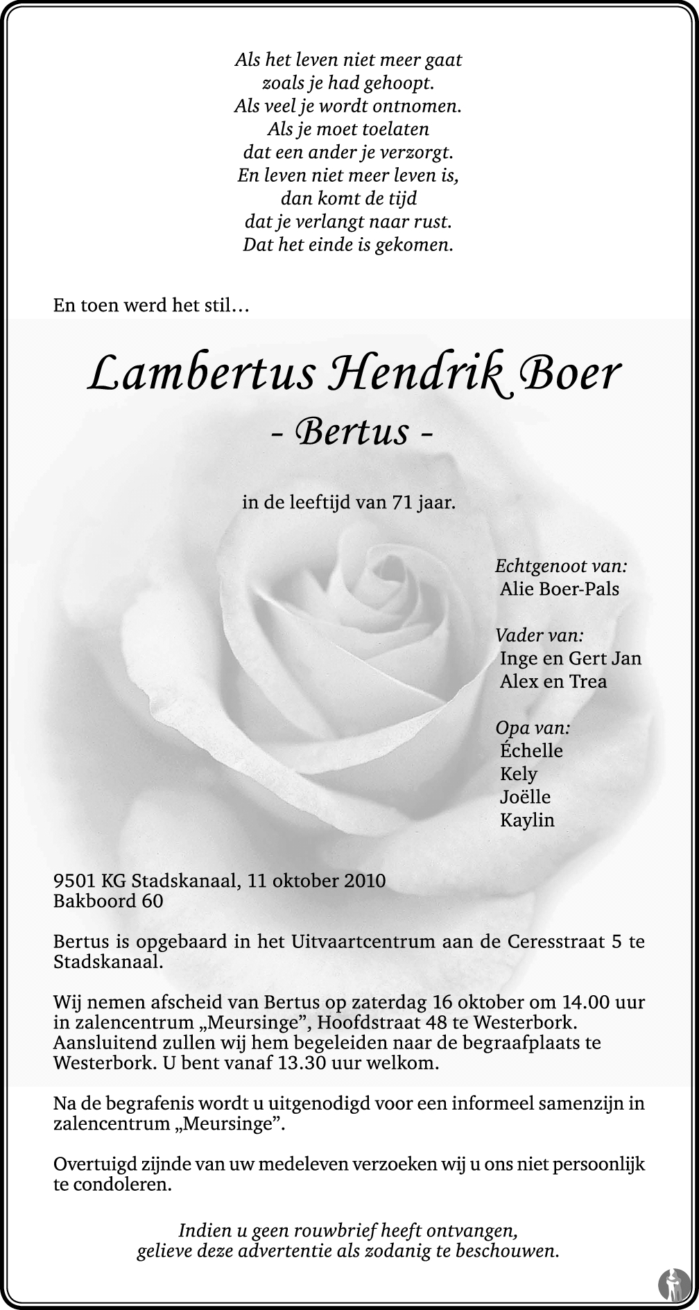 Lambertus Hendrik (Bertus) Boer 11-10-2010 overlijdensbericht en ...