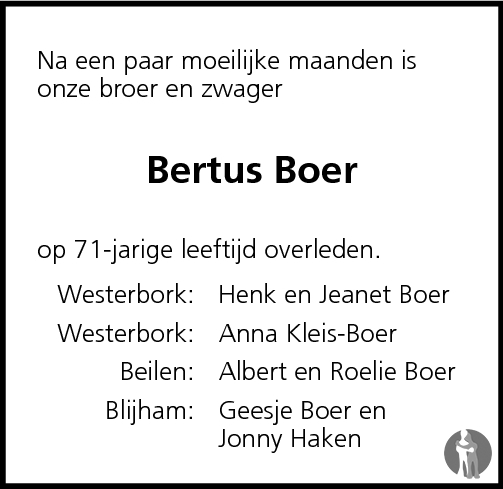 Lambertus Hendrik (Bertus) Boer 11-10-2010 overlijdensbericht en ...