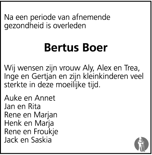 Lambertus Hendrik (Bertus) Boer 11-10-2010 overlijdensbericht en ...