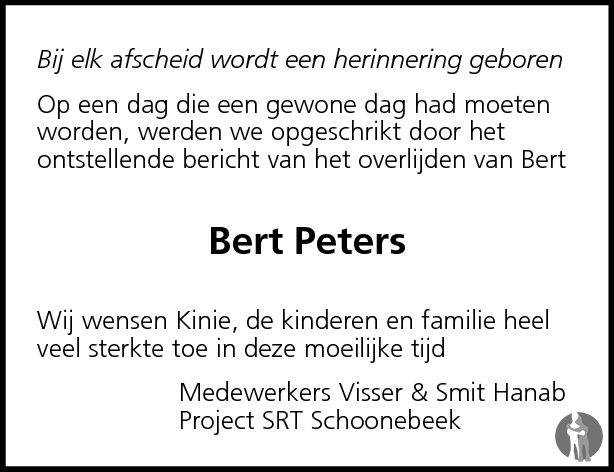 Bert Peters 14-10-2010 overlijdensbericht en condoleances - Mensenlinq.nl