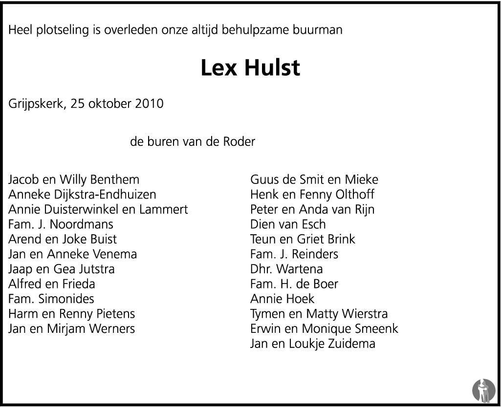 Alex Hulst 25-10-2010 overlijdensbericht en condoleances - Mensenlinq.nl