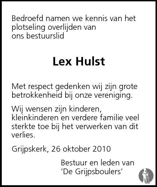 Alex Hulst 25-10-2010 overlijdensbericht en condoleances - Mensenlinq.nl