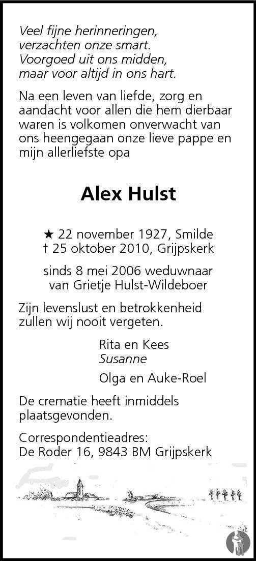 Alex Hulst 25-10-2010 overlijdensbericht en condoleances - Mensenlinq.nl