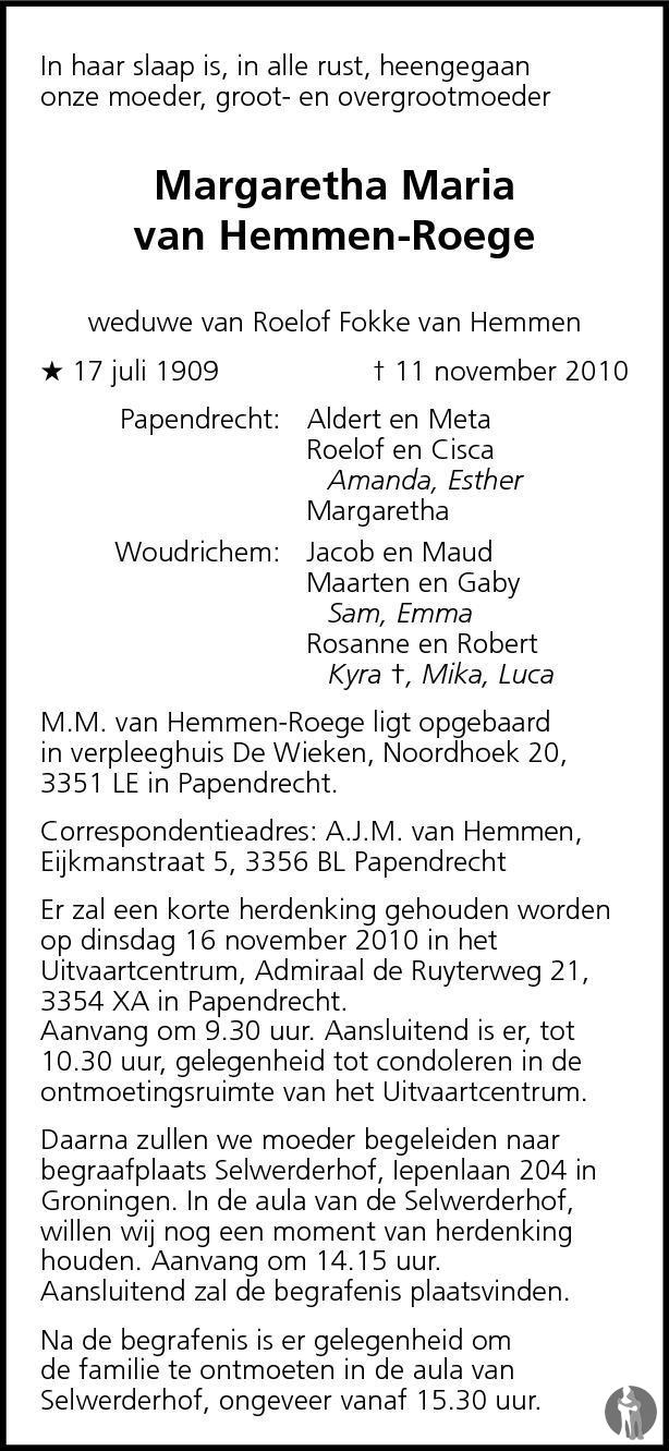 Margaretha Maria van Hemmen - Roege 11-11-2010 overlijdensbericht en ...