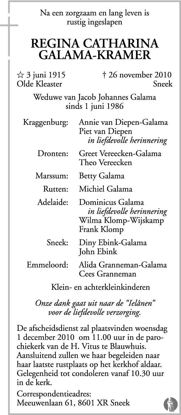 Regina Catharina Galama - Kramer 26-11-2010 overlijdensbericht en ...