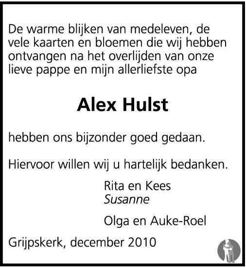 Alex Hulst 25-10-2010 overlijdensbericht en condoleances - Mensenlinq.nl