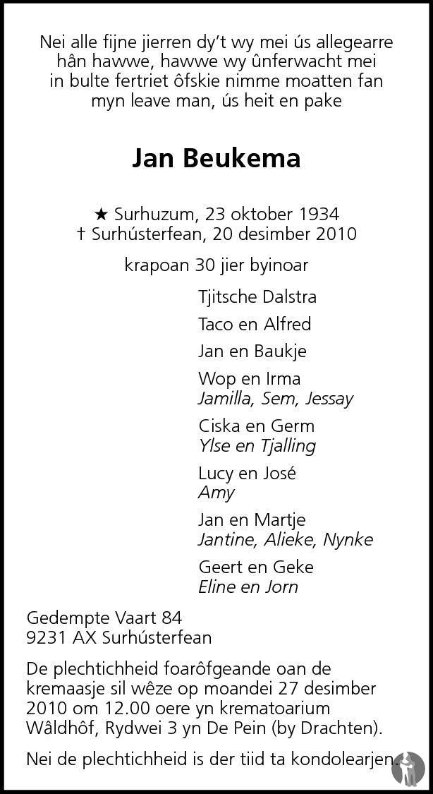Jan Beukema 20-12-2010 overlijdensbericht en condoleances - Mensenlinq.nl