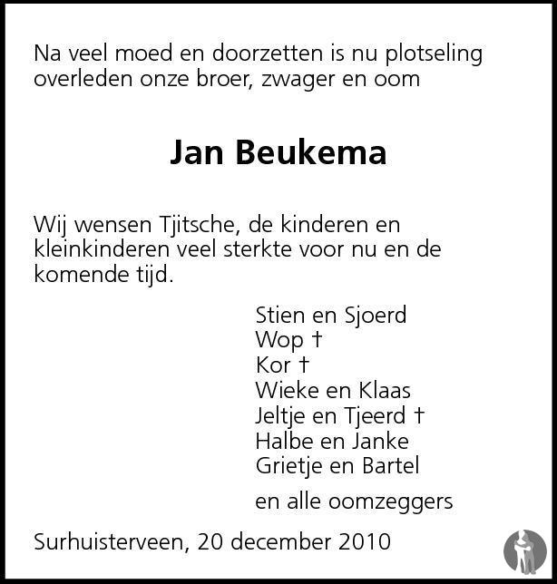 Jan Beukema 20-12-2010 overlijdensbericht en condoleances - Mensenlinq.nl