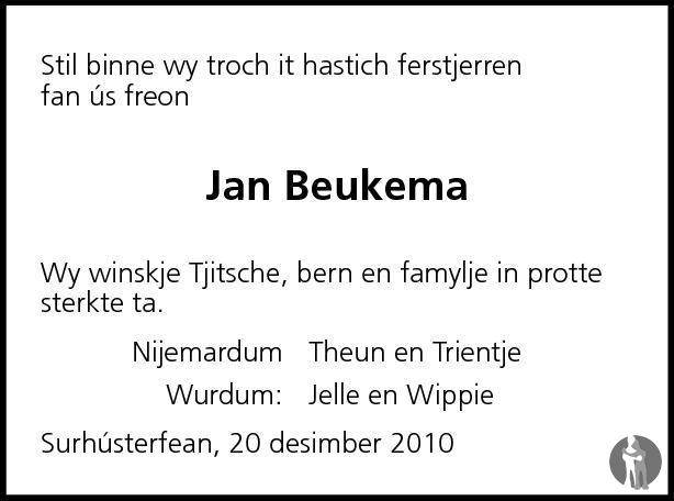 Jan Beukema 20-12-2010 overlijdensbericht en condoleances - Mensenlinq.nl