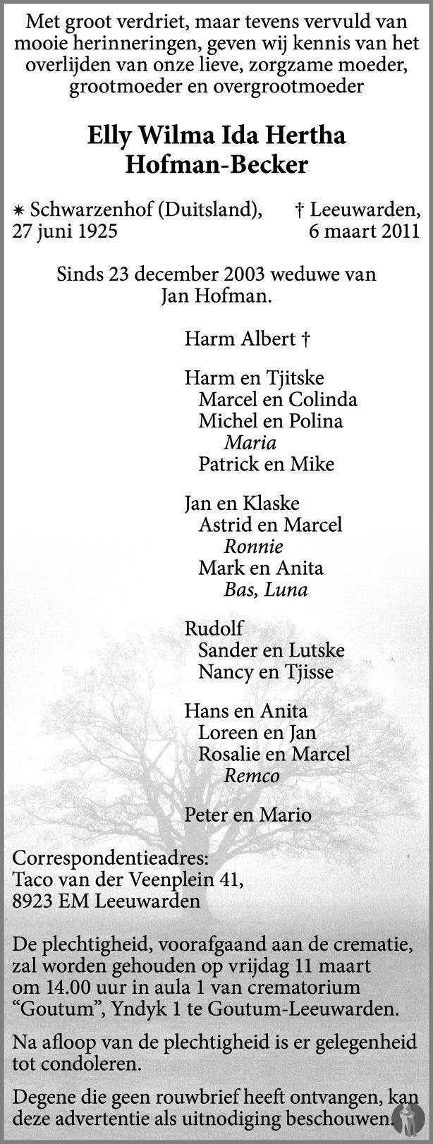 Elly Wilma Ida Hertha Hofman - Becker 06-03-2011 overlijdensbericht en ...