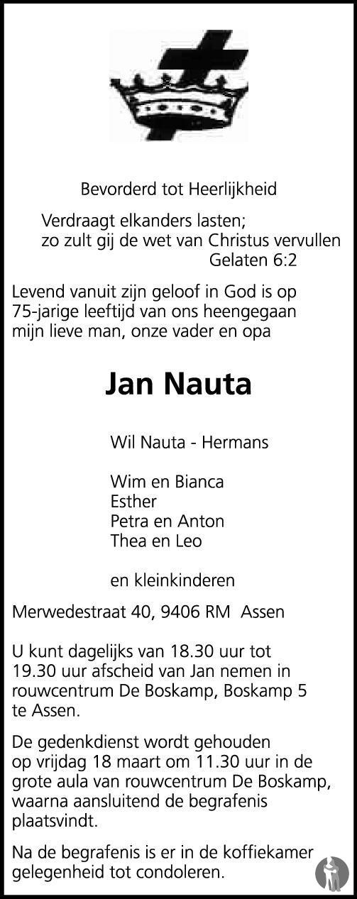 Jan Nauta 14-03-2011 overlijdensbericht en condoleances - Mensenlinq.nl