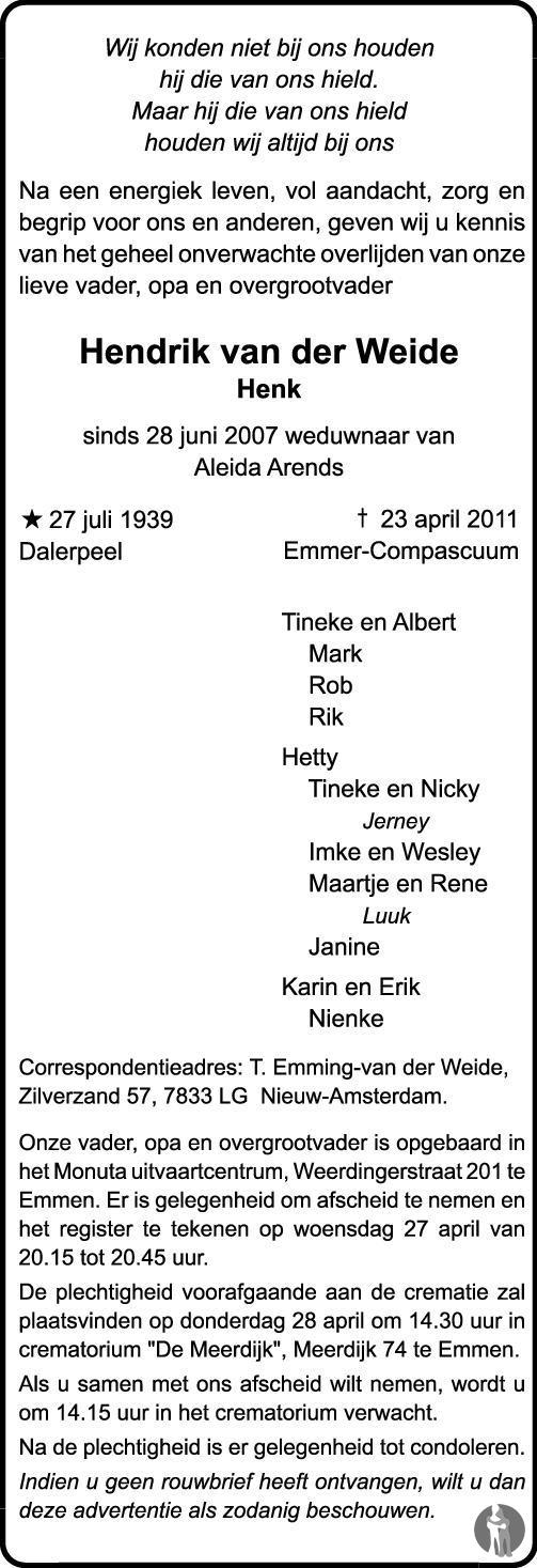 Hendrik (Henk) van der Weide 23-04-2011 overlijdensbericht en ...