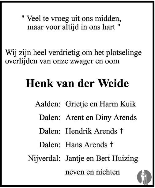 Hendrik (Henk) van der Weide 23-04-2011 overlijdensbericht en ...