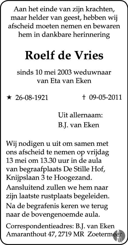 Roelf de Vries 09-05-2011 overlijdensbericht en condoleances ...