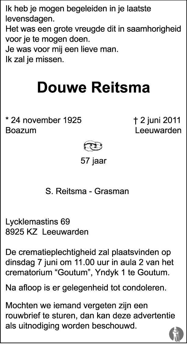 Douwe Reitsma 02-06-2011 overlijdensbericht en condoleances - Mensenlinq.nl